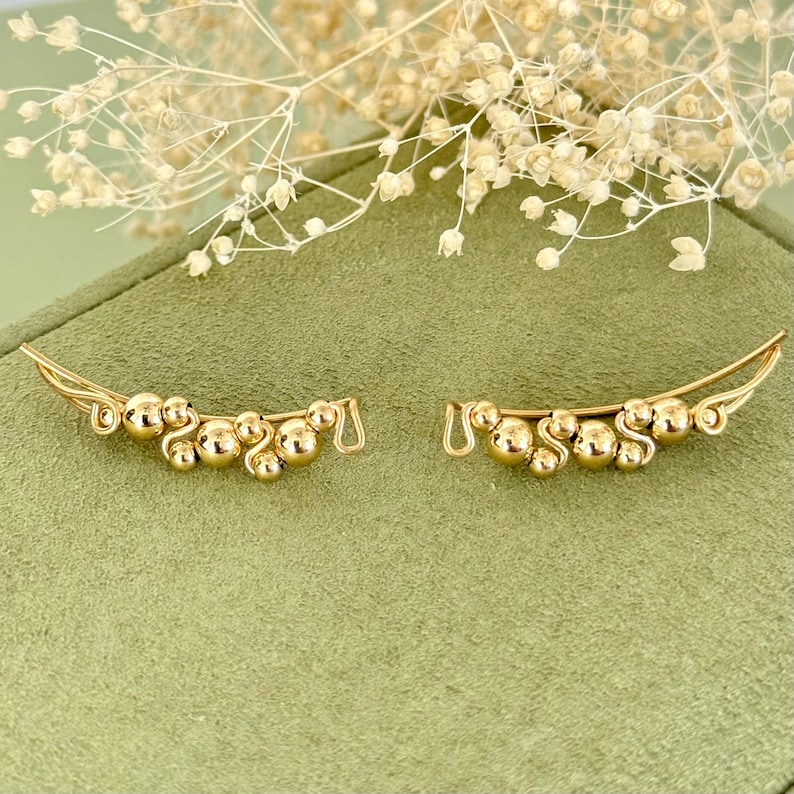 14K Gold Ear Climber Earrings, Modern Gold Ear Crawler Earrings for ...