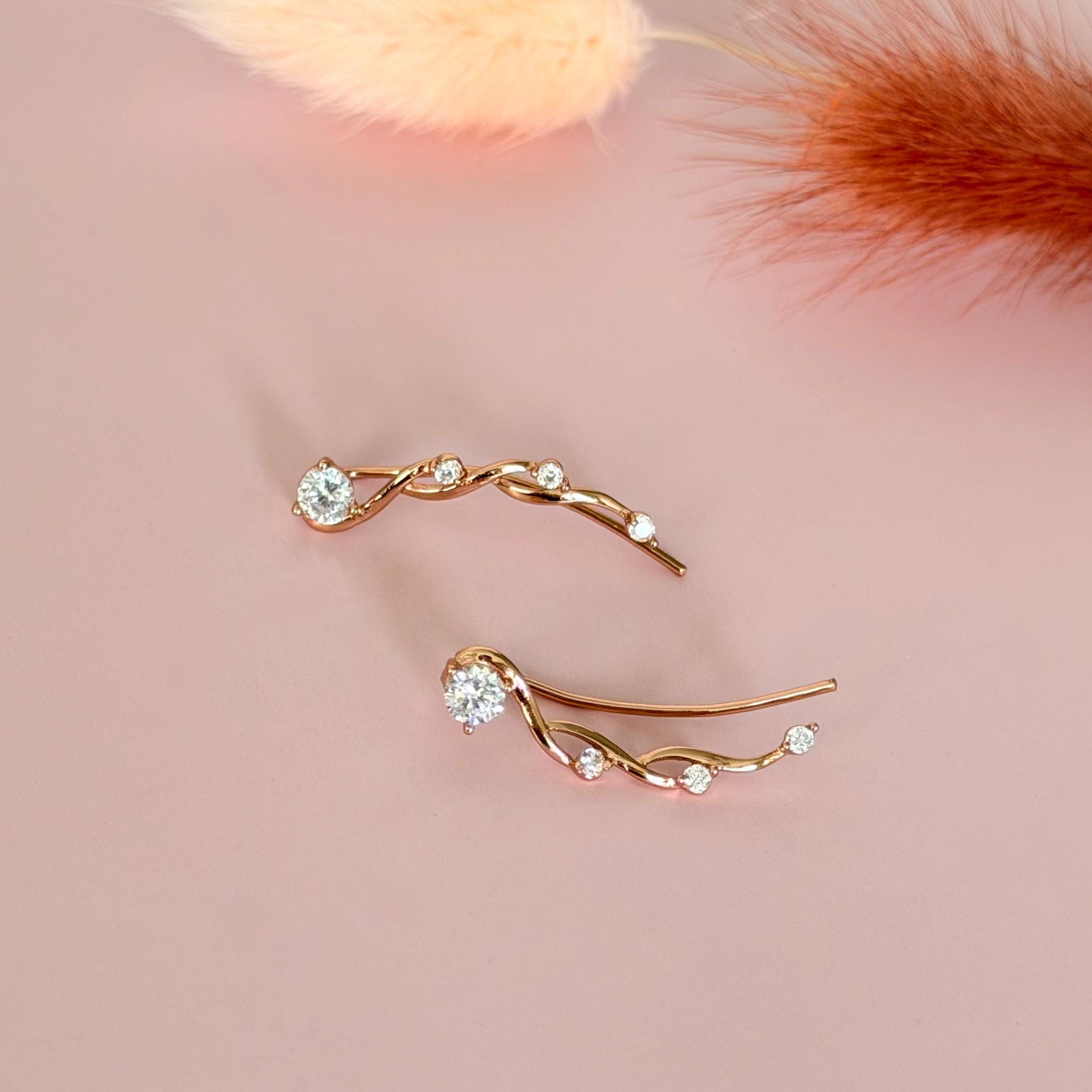14K Gold CZ Ear Climbers, Handmade Ear Crawlers, Bridal Wedding ...