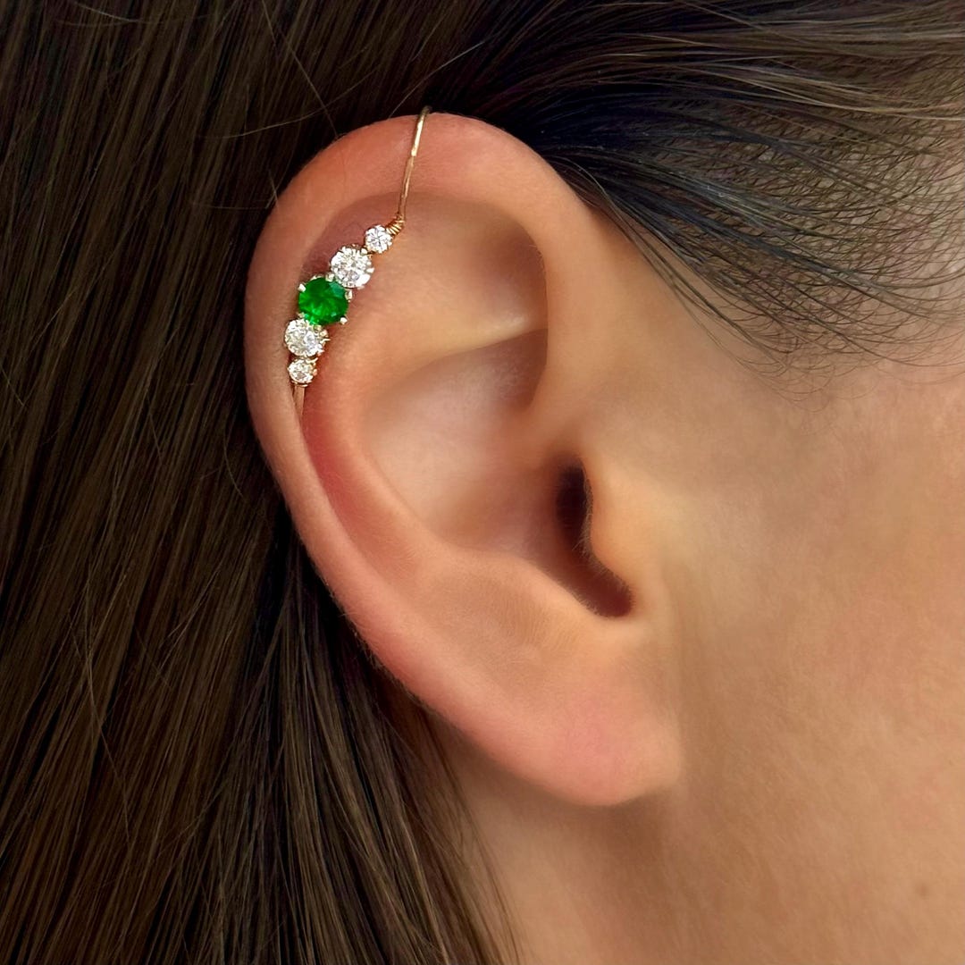 Long Gold Ear Cuff No Piercing, Handmade Emerald CZ Upper Ear Wrap ...