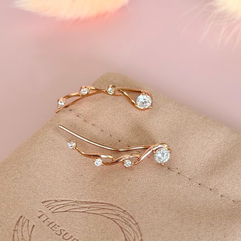 14K Gold CZ Ear Climbers, Handmade Ear Crawlers, Bridal Wedding ...