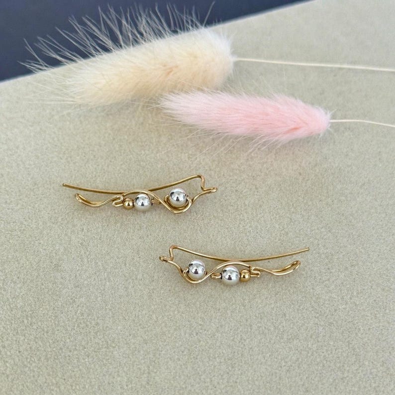Two Tone Ear Climbers in 14K Gold Filled, Dainty Gold Earrings With ...