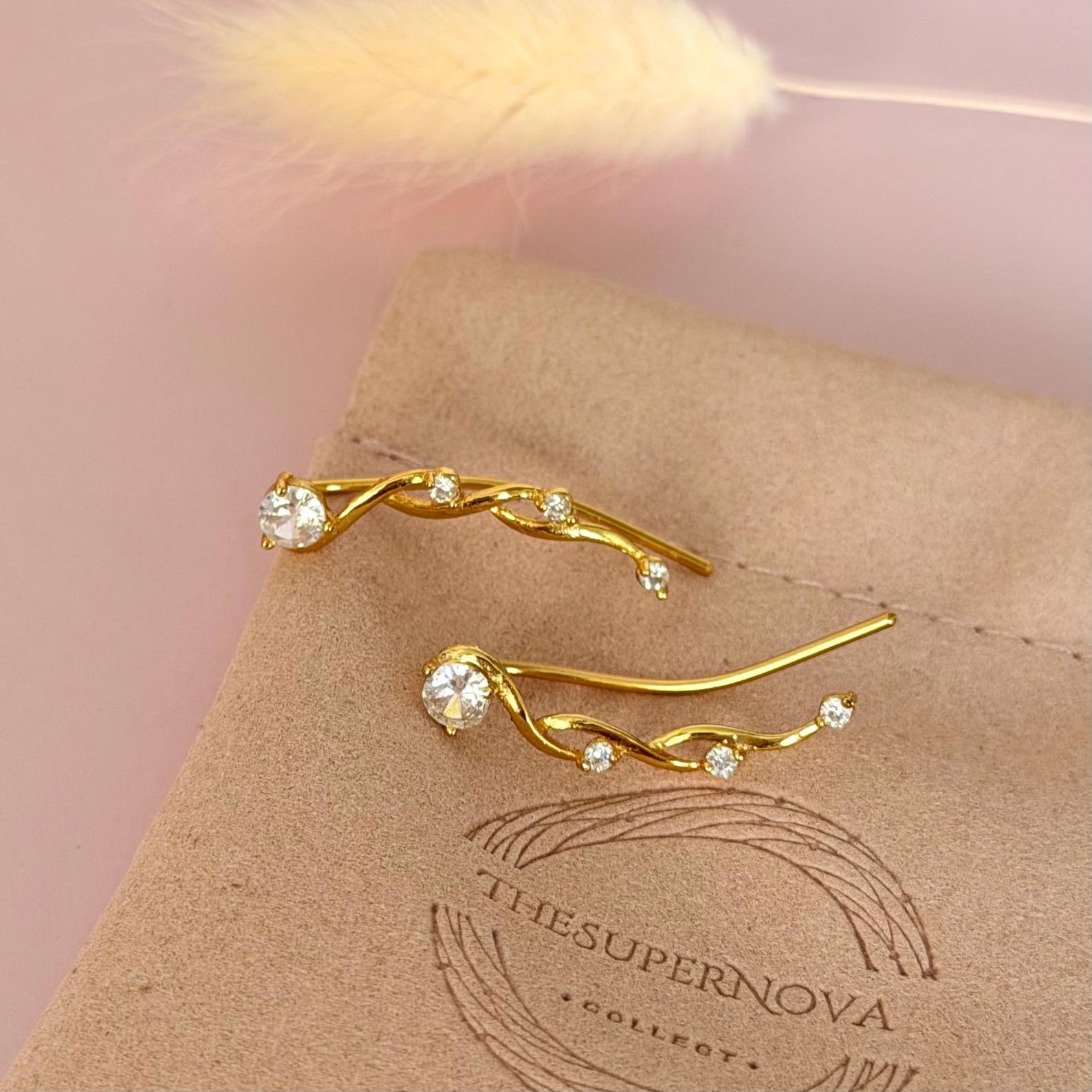 14K Gold CZ Ear Climbers, Handmade Ear Crawlers, Bridal Wedding ...