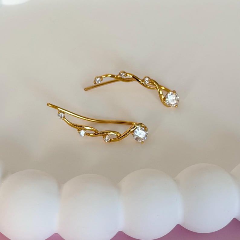 14K Gold CZ Ear Climbers, Handmade Ear Crawlers, Bridal Wedding ...