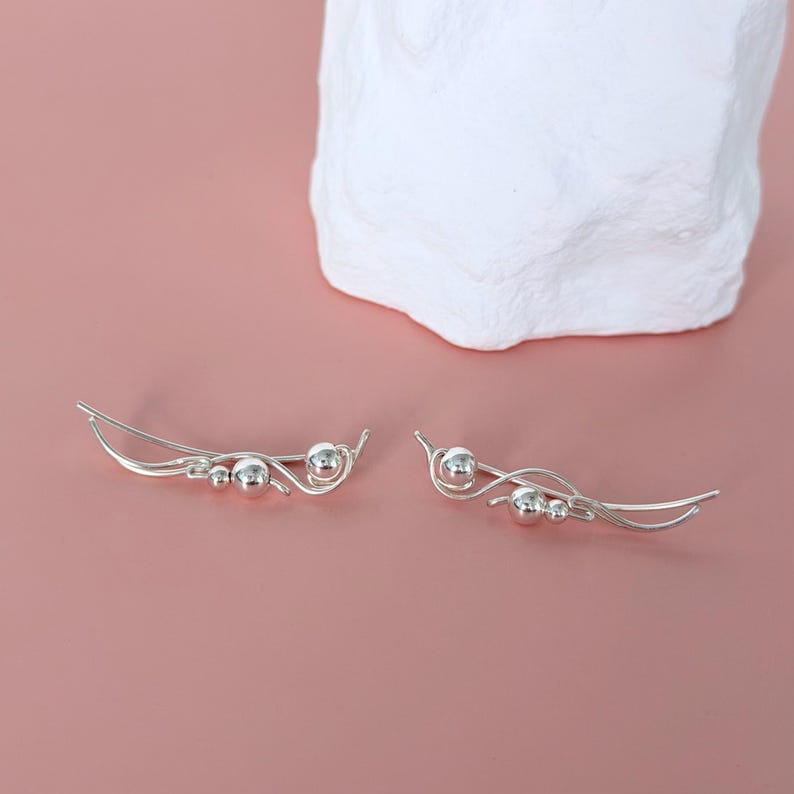 Silver Bead Pin Earrings, Modern Curved Sterling Silver Climbers for ...