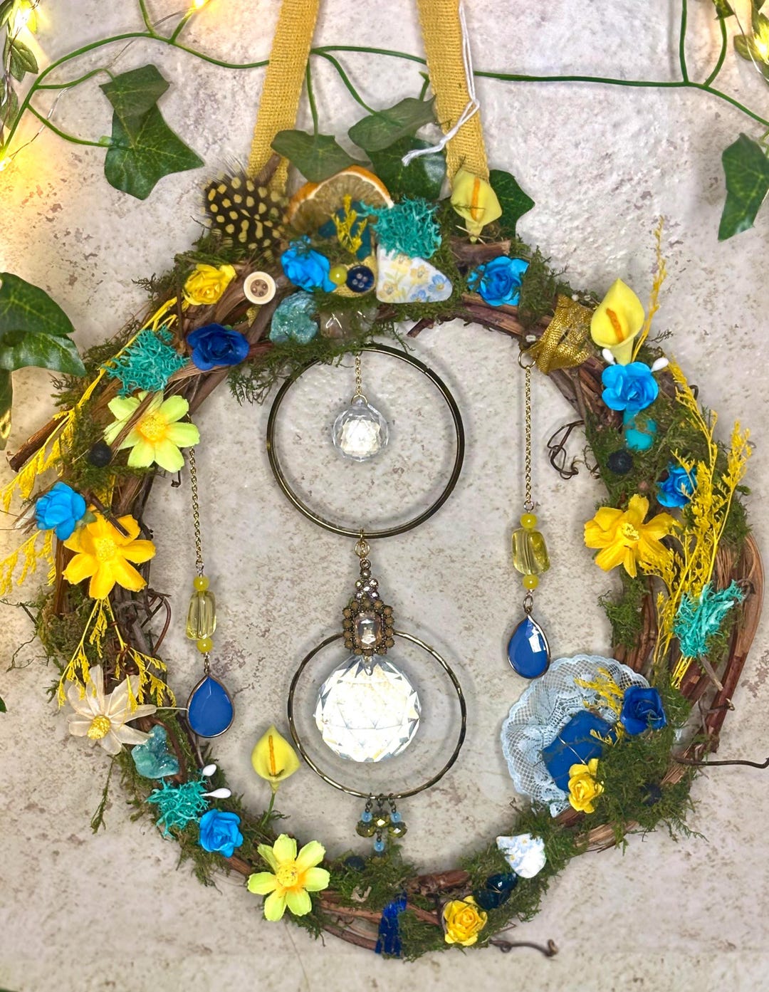 Blue Yellow Nature Inspired Sun Catcher Wreath, up Cycled, Artisan ...