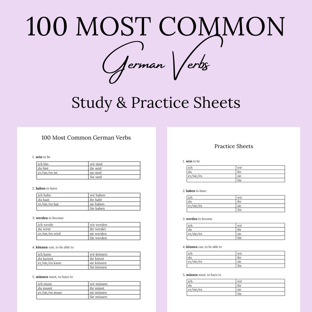 100 Most Common German Verbs - Study and Practice Sheets - Etsy