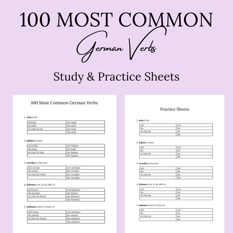 100 Most Common German Verbs - Study and Practice Sheets - Etsy
