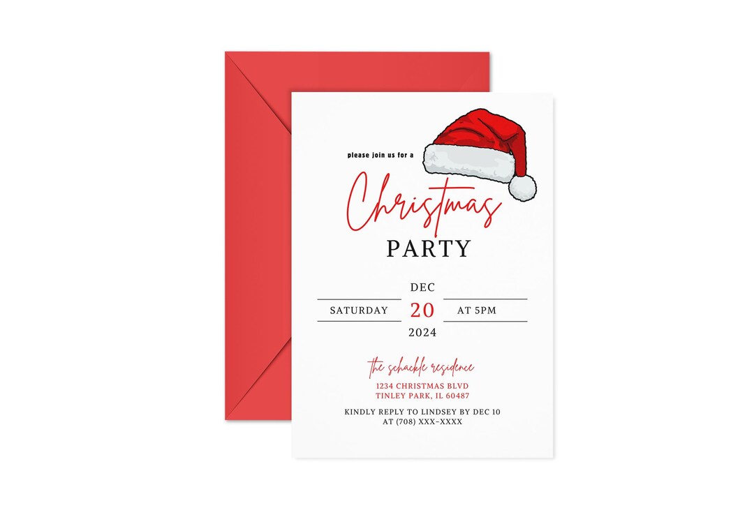 Christmas Invitation, Christmas Invite, Santa Hat Christmas Invitation ...