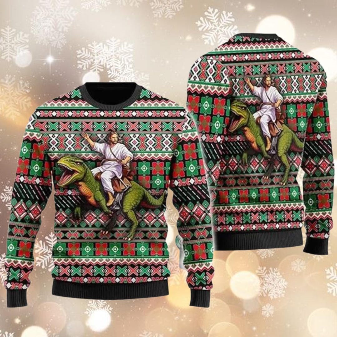 Jesus Riding Dinosaur Ugly Christmas Sweater, Dinosaur Christmas ...