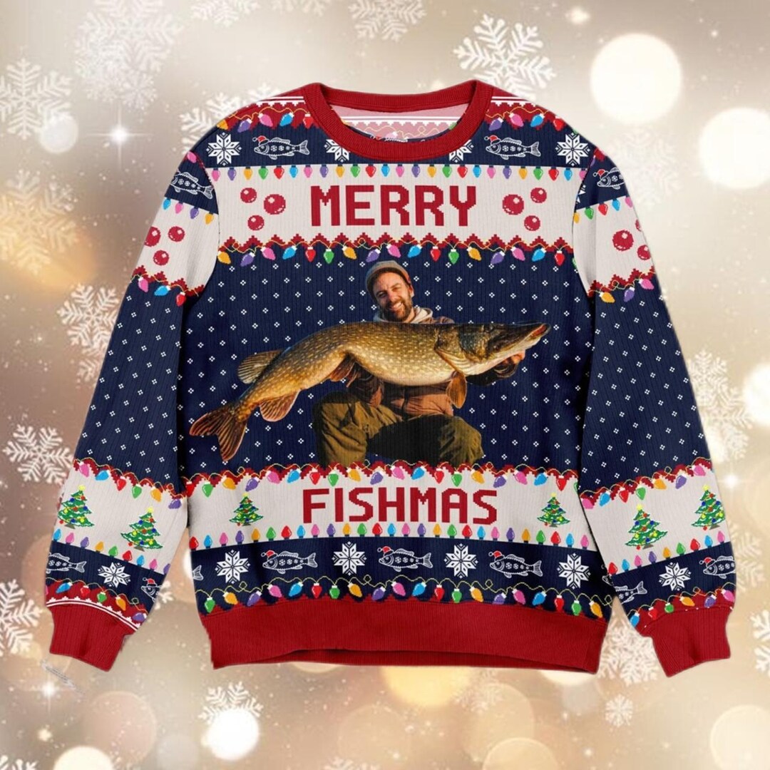 Personalized Fishing Christmas Ugly Sweater, Merry Fishmas Photo Ugly ...