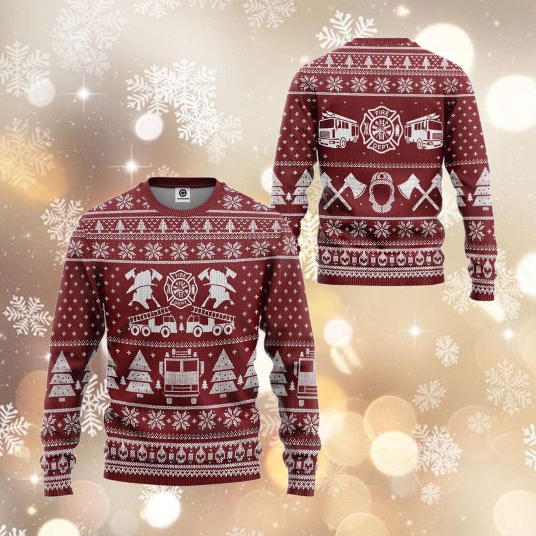 3D FIRE DEPT Firefighter Ugly Christmas Sweater Red Custom Sweatshirt ...