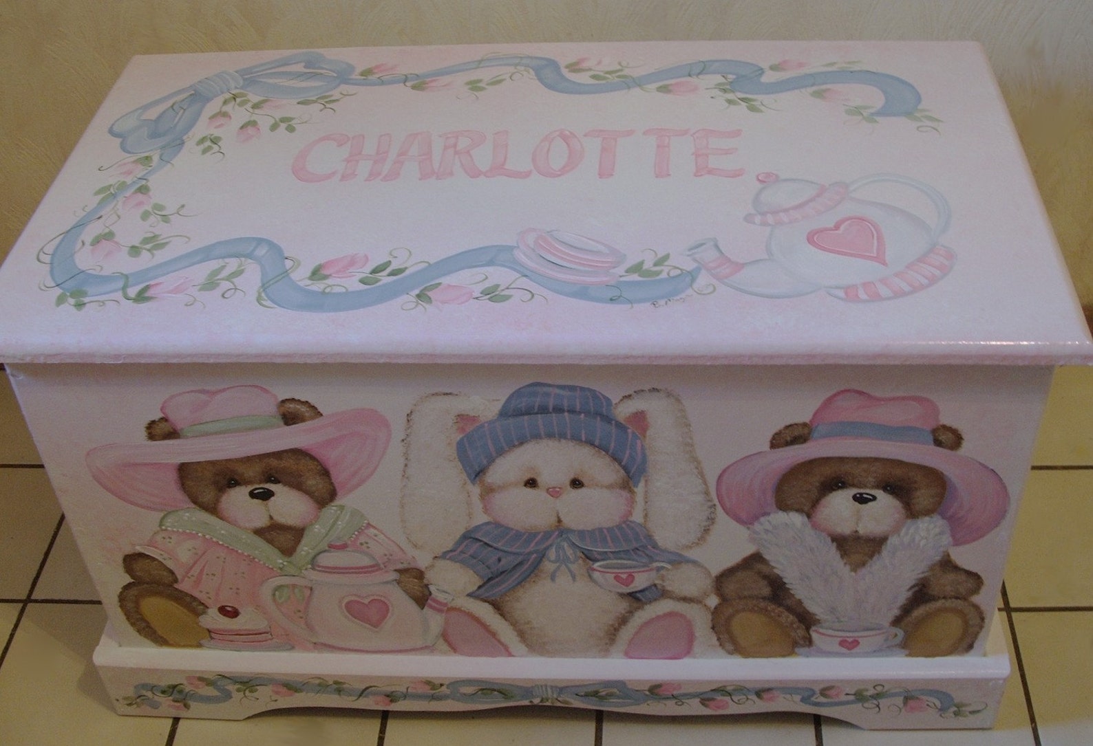 Teddy Bear and Bunny Tea Party Toy Box Personalized Kids Room - Etsy