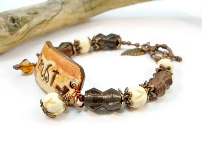 Inspirational Ceramic Cuff Bracelet, Cross and Trust Bracelet, Pottery ...