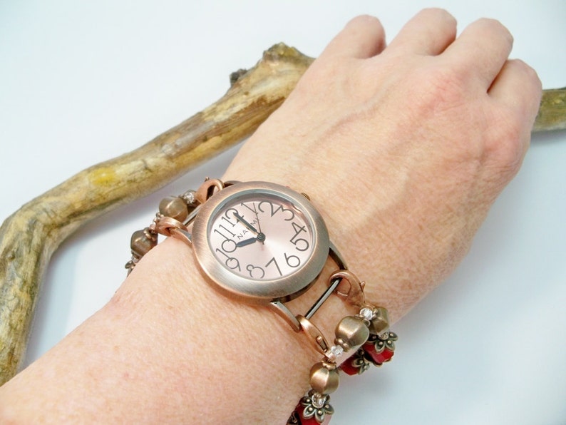 ON SALE Copper Watch, Stretch Watch Band, Copper and Red ...