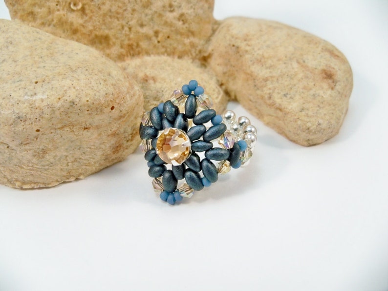 Handmade Beaded Ring, Denim Blue, Bead Weaving Ring, Stretch Band, Bead ...
