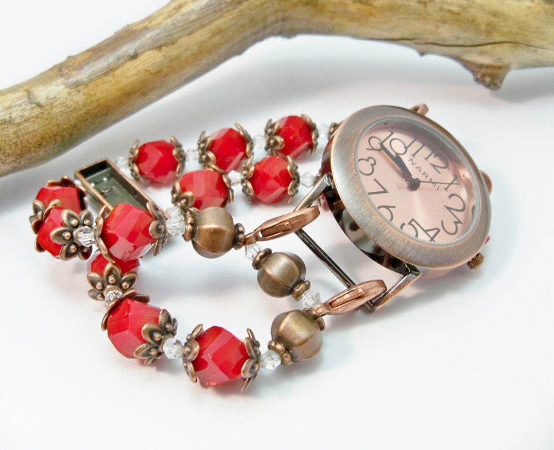 ON SALE Copper Watch, Stretch Watch Band, Copper and Red ...