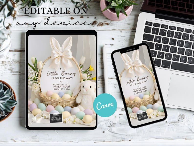 Neutral Easter Pregnancy Announcement Cute Bunny Floral Spring Baby ...