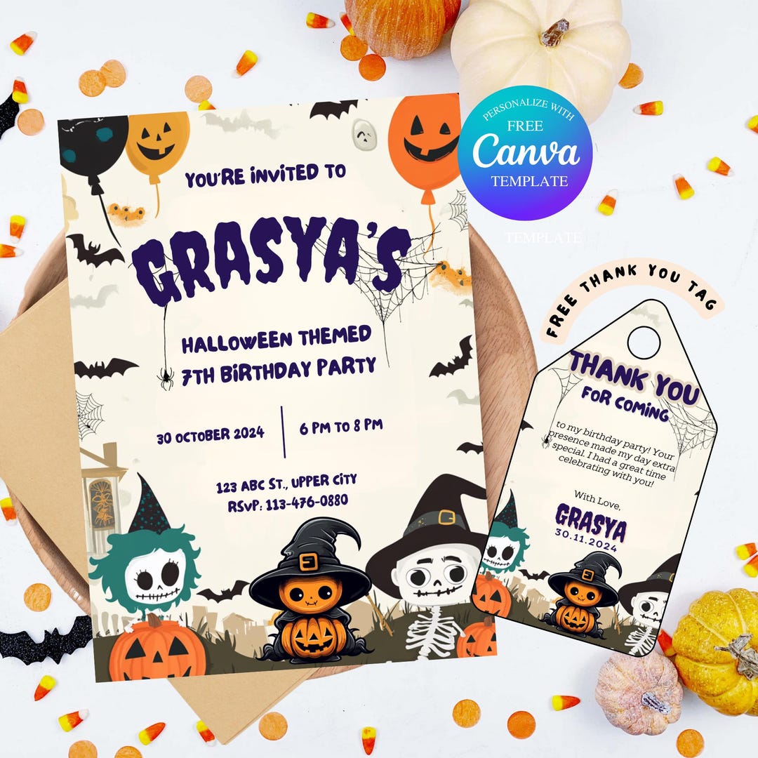 Editable Halloween Theme Birthday Party Invitation Digital for Kids ...