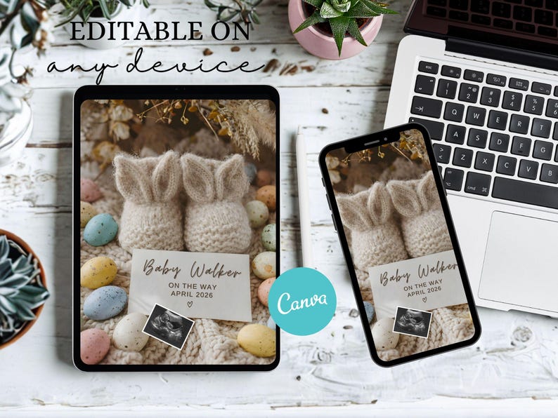 Minimal Easter Pregnancy Announcement Cute Bunny Floral Spring Baby ...