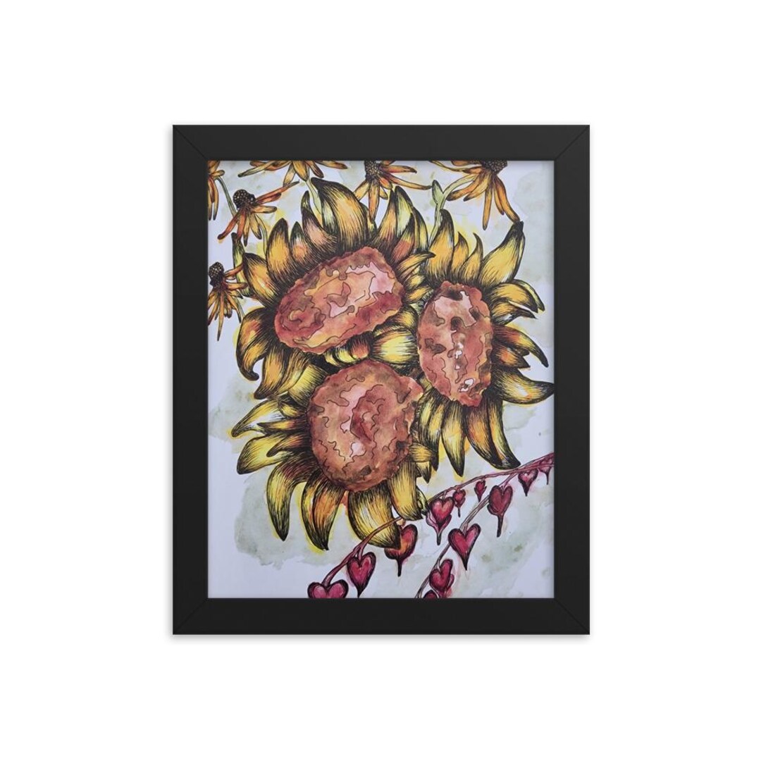 Sunflowers and Bleeding Hearts Hand Drawn and Painted Reproduction Fine ...