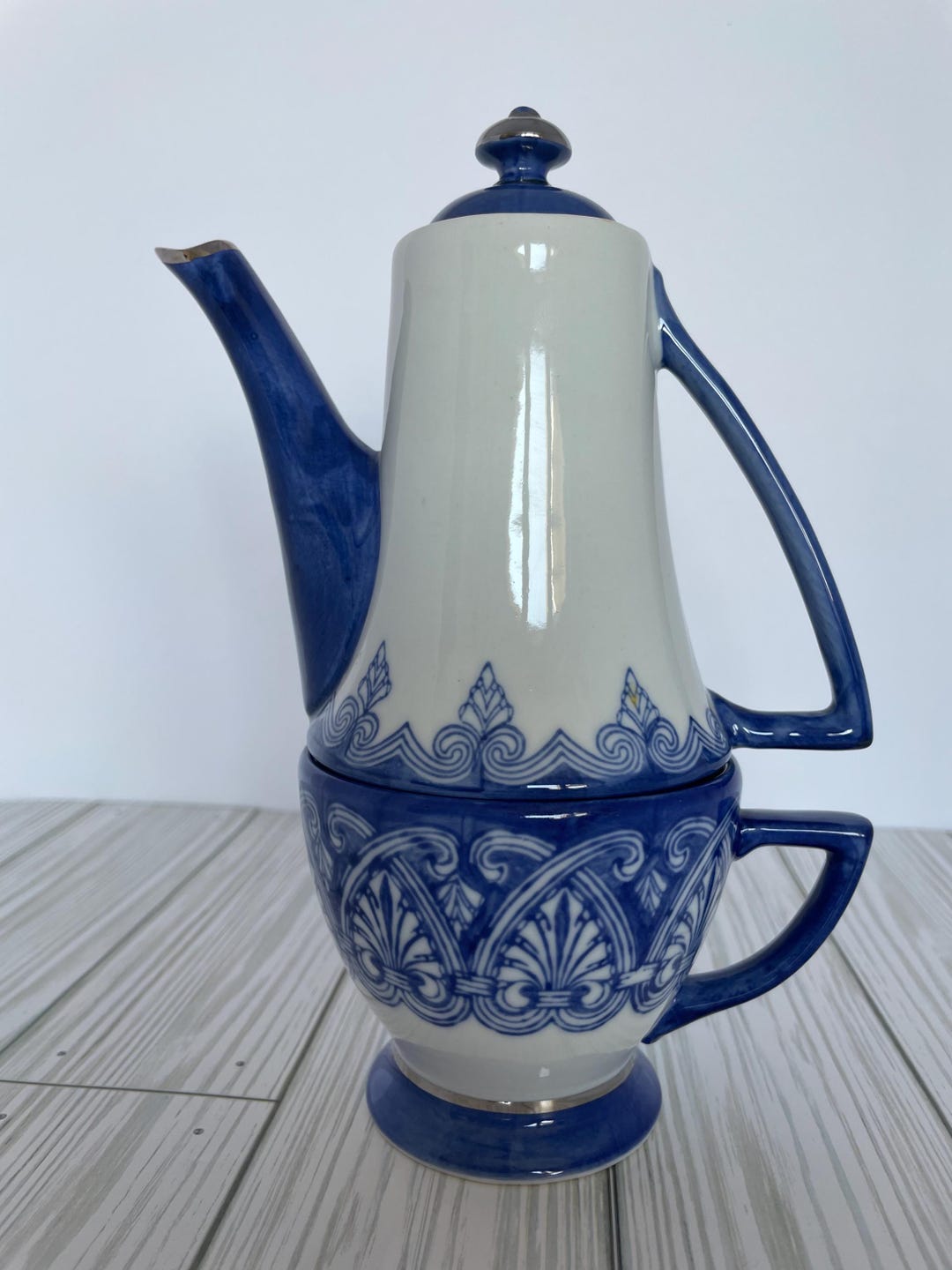 Bombay Company Stackable Tea Pot With Tea Cup Blue & White Porcelain 8 ...