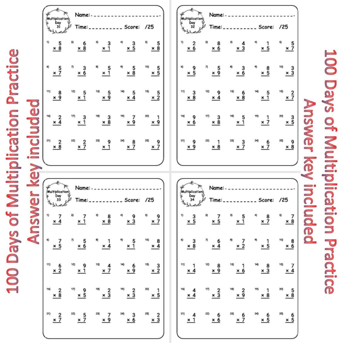 Kids Multiplications Practice, 100 Days of Multiplication Practice ...