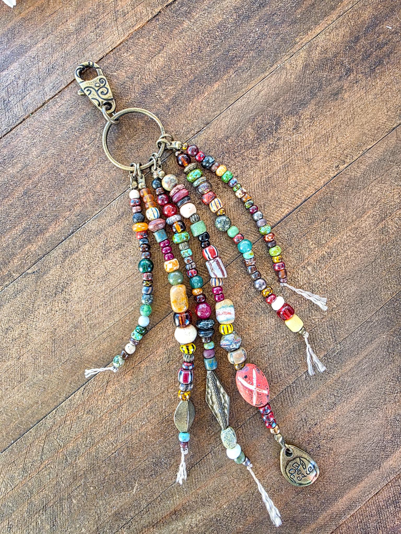 Boho Rustic Beaded Purse Tassel Keychain, Beaded Handbag Charm, Purse ...