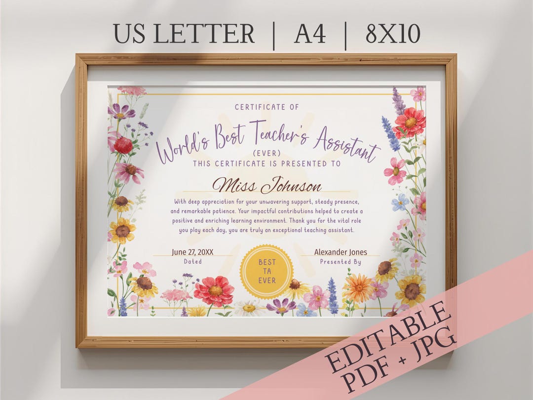 Worlds Best Teacher Assistant Certificate Best Teacher Ever Award ...