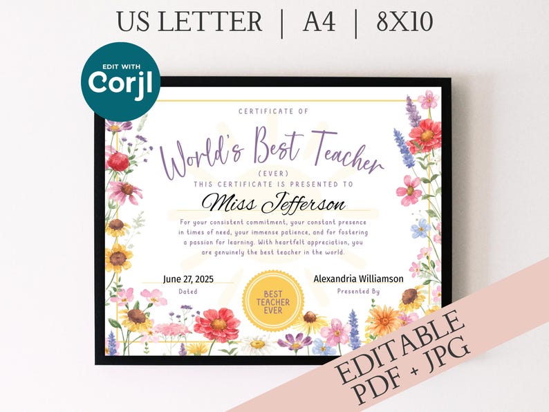 Worlds Best Teacher Certificate Best Teacher Ever Award Printable ...