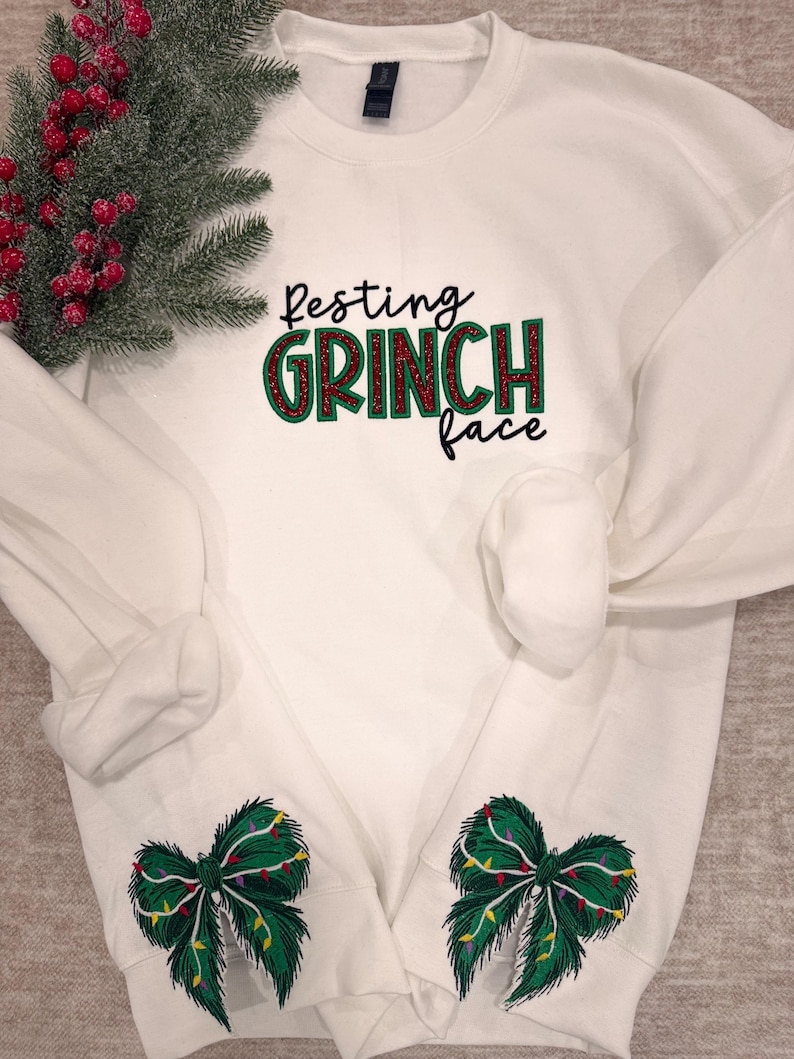 Resting Grinch Face Side Bow Embroidered Sweatshirt, Grinch Christmas ...