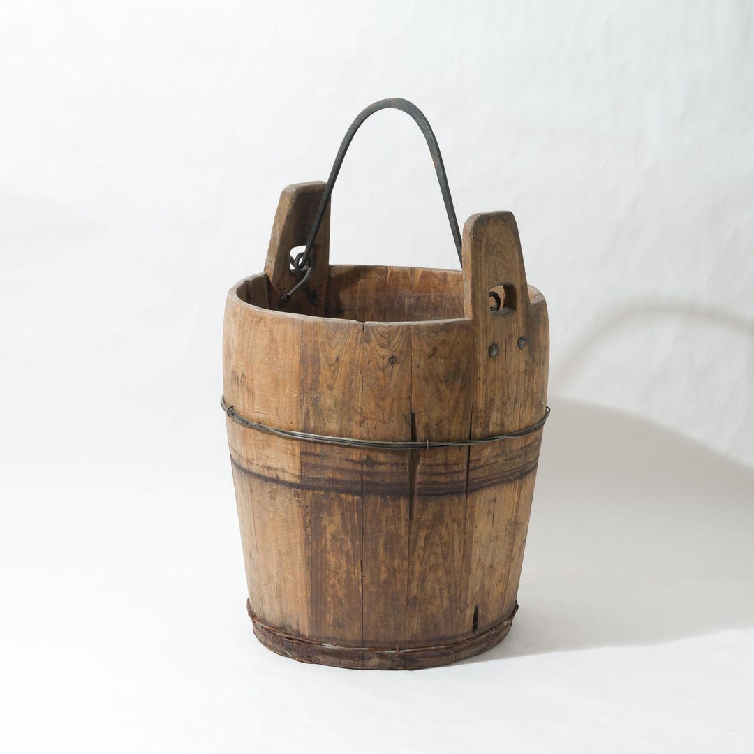 Antique Well Bucket, Iron Handle, Steel Wire Banding, Wood Staves, 19th ...