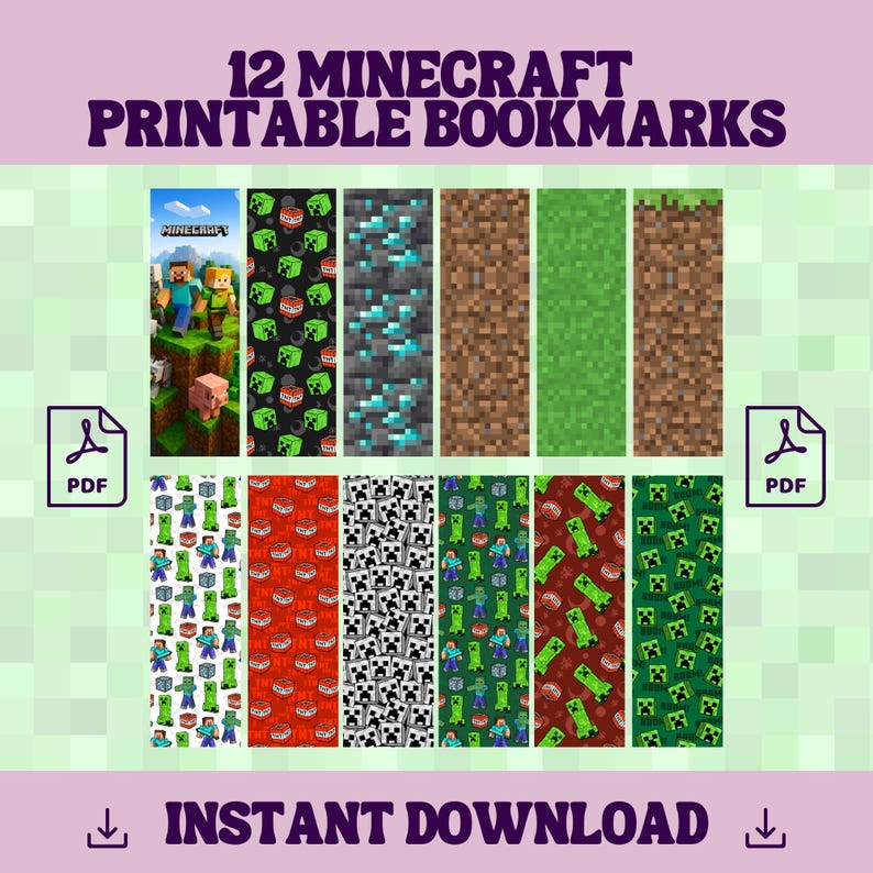 Minecraft-inspired Printable Bookmarks – Set of 12 PDF Digital ...