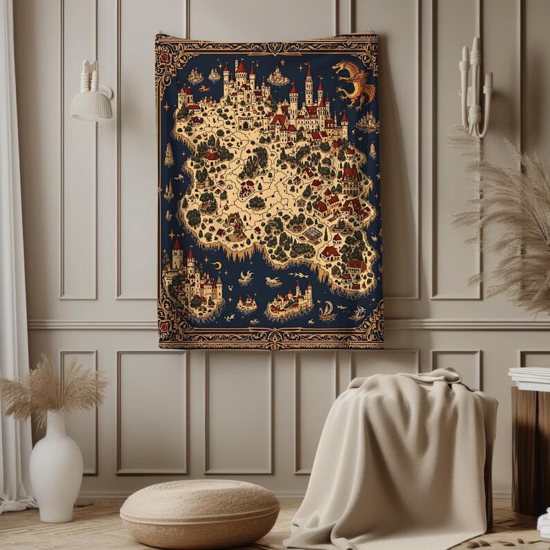 Fantasy Kingdom Map Blanket, Enchanted Realm Throw, Medieval Adventure ...