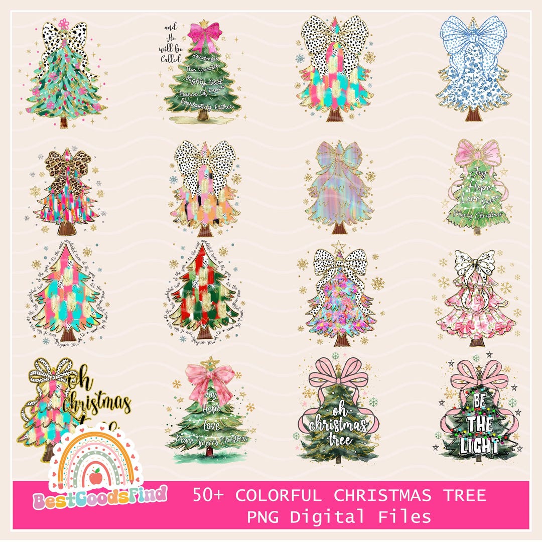 50+ Girly Christmas Tree Bundle Png, Colorful Coquette Glitter ...