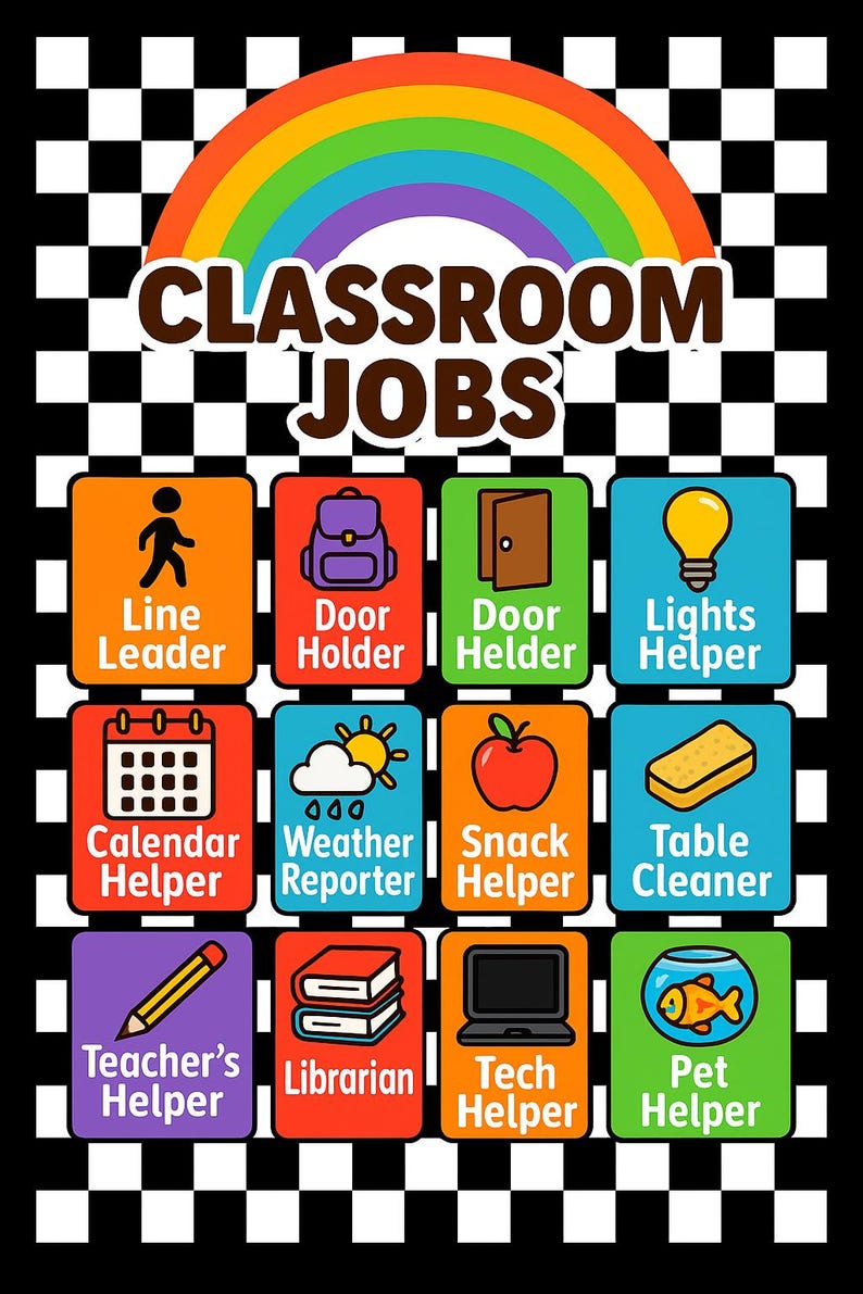Classroom Jobs Poster & Cards | Rainbow Checker Classroom Decor ...
