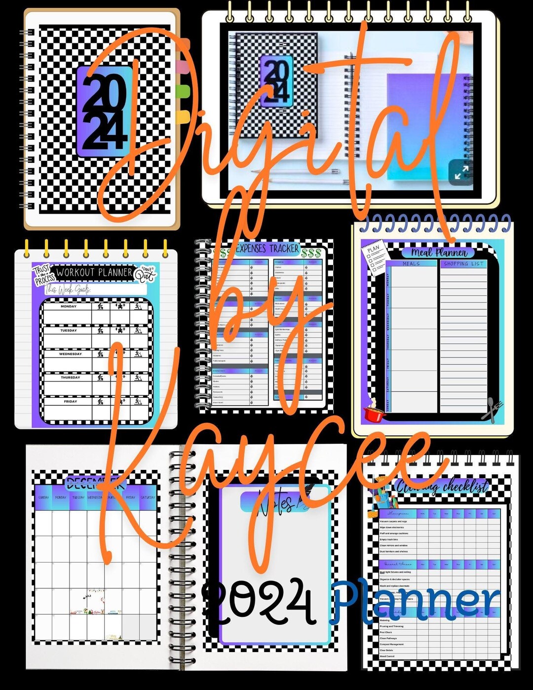 Modern 2024 Checker Planner, Budget Tracker, Fitness Log, Downloadable ...
