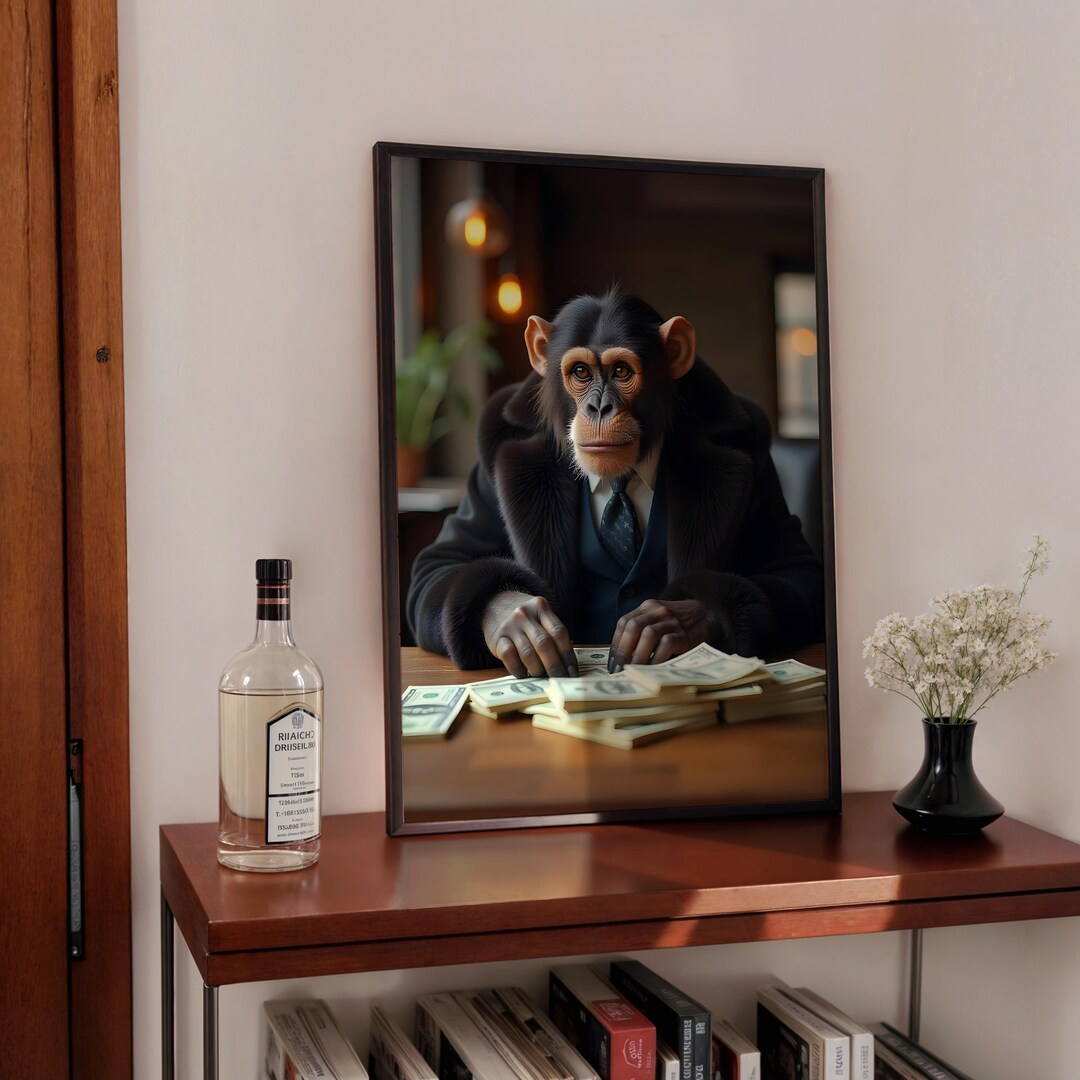 Ape in Suit Counting Money Art Work, Wall Art Home Decor, Livingroom ...