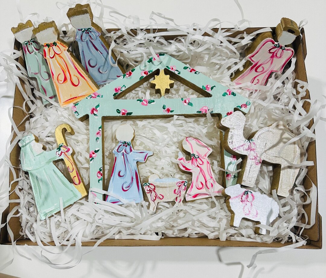 Wood Nativity Set Festive Accents of Pink, Red, and Green, Cute ...