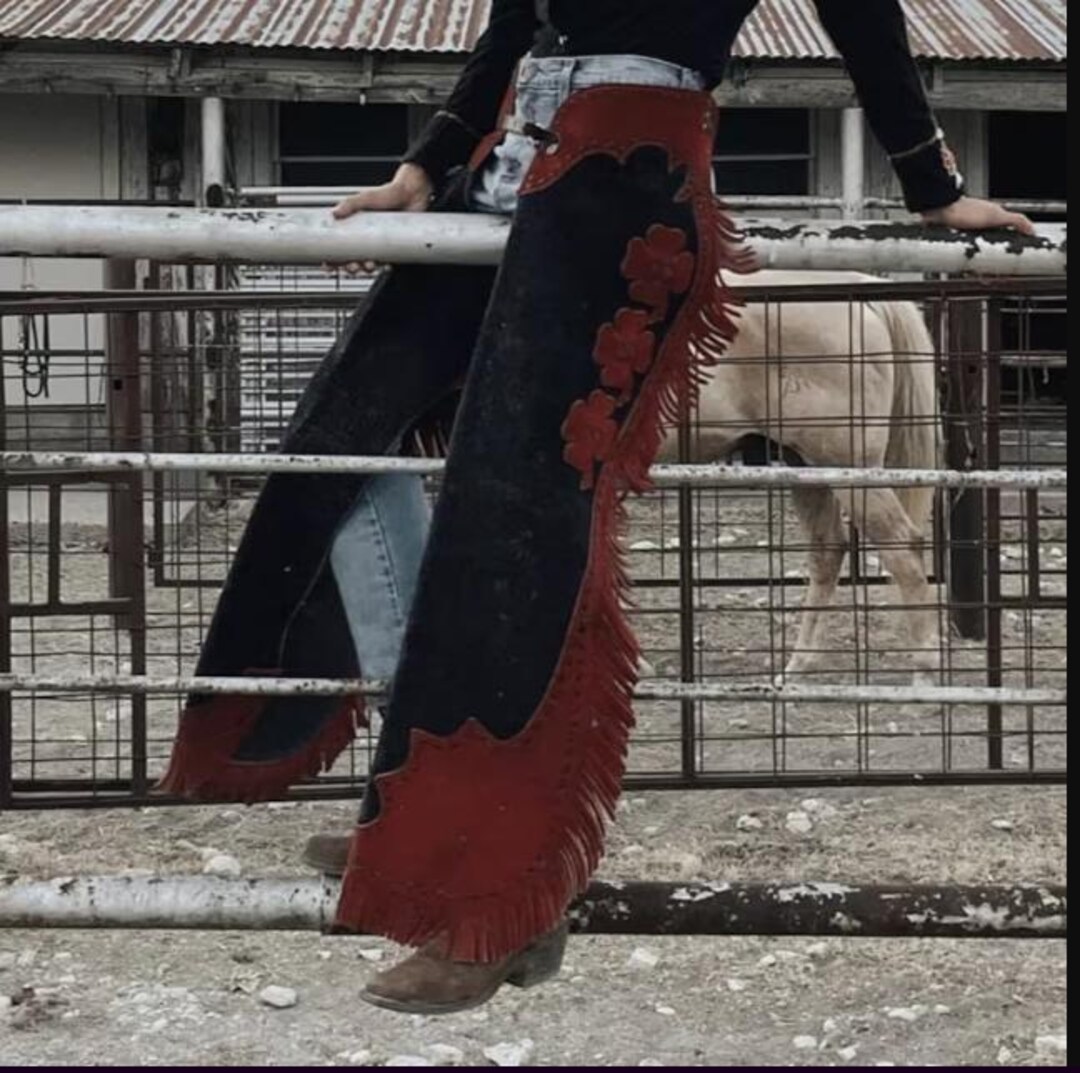 Handmade Cowgirl Chap Buck Skin Suede Black Leather Pant Rodeo Chap ...