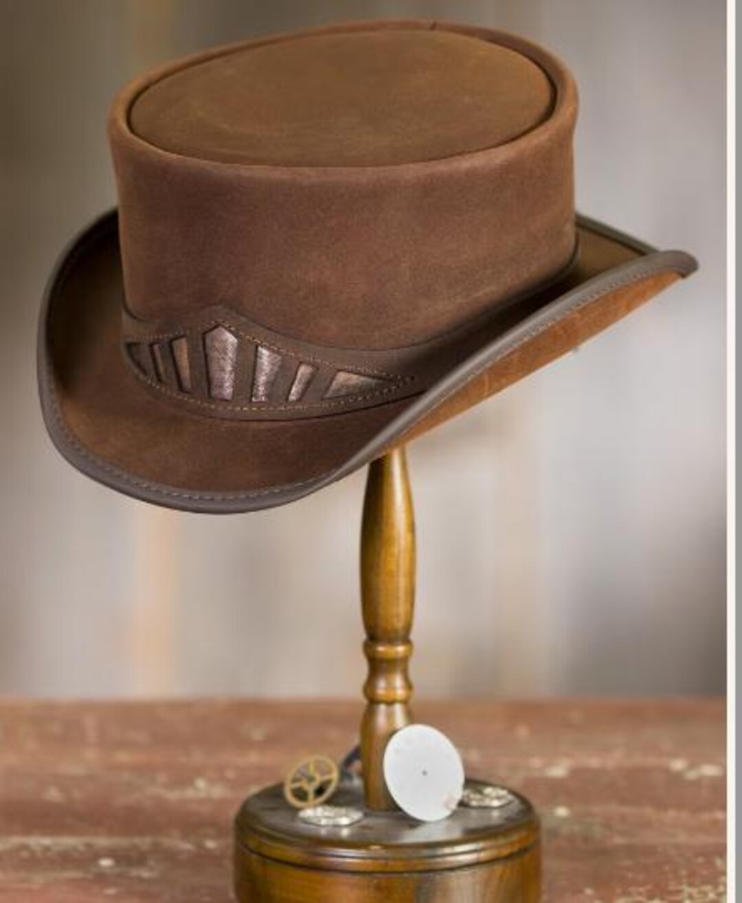 Brown Leather Top Hat Handcrafted Top Hat Grill Style Band Gothic Hat ...