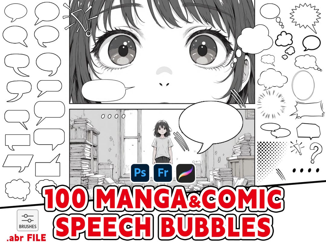 100 Manga Speech Bubble Stamps: Procreate & Photoshop (digital Download ...