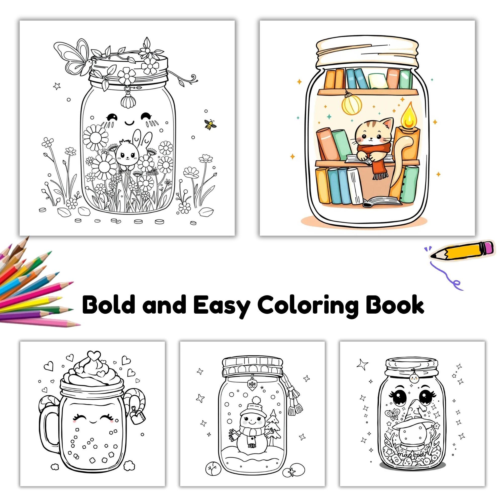 Bold and Easy Coloring Book: Simple & Cute Kawaii Jar Designs for ...