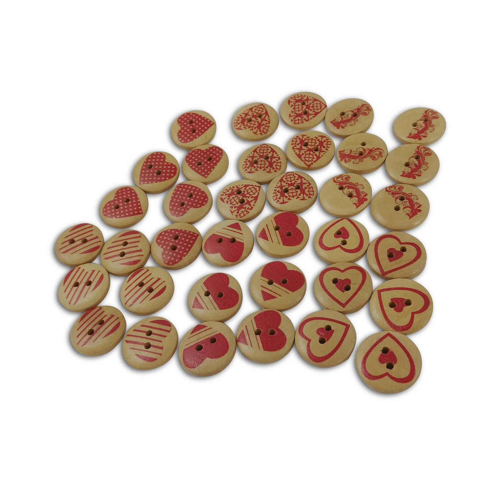 6 Red Heart Sewing Buttons, 20mm Wooden Buttons, Decorative Natural ...