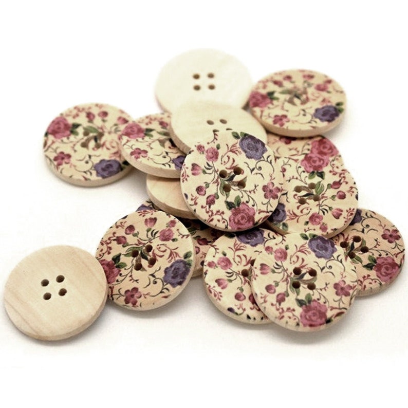 6 Floral Wooden Buttons, Cottage Wood Buttons, 30mm Sewing Buttons ...