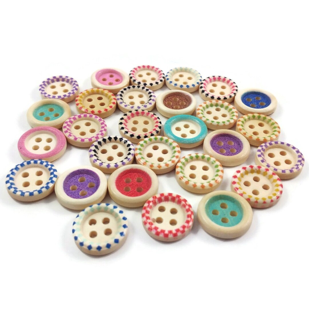 25 Mixed Color Buttons, 15mm Assorted Wooden Buttons, Decorative Craft ...