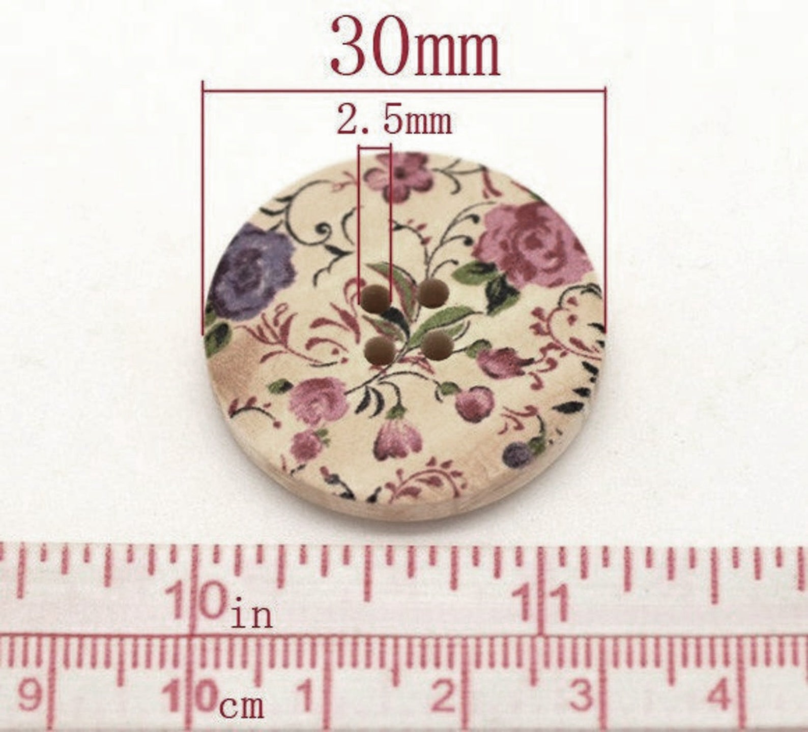 6 Floral Wooden Buttons, Cottage Wood Buttons, 30mm Sewing Buttons ...