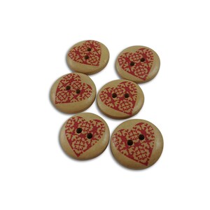 6 Red Heart Sewing Buttons, 20mm Wooden Buttons, Decorative Natural ...