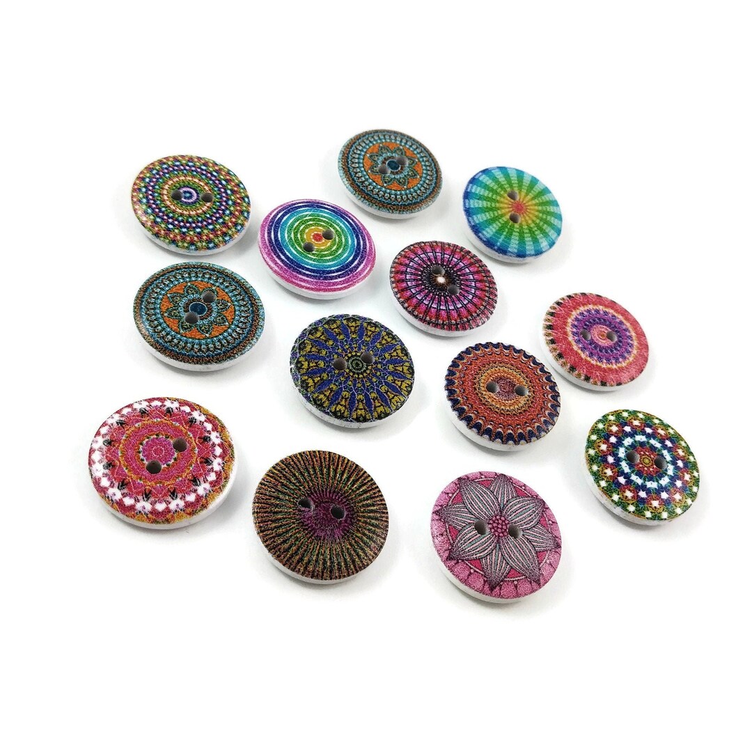 12 Boho Sewing Buttons, 20mm Assorted Wooden Buttons, Decorative Craft ...