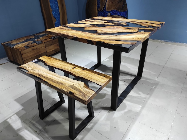 Live Edge Epoxy Resin Dining Table Set With Bench – Handmade Solid Wood ...