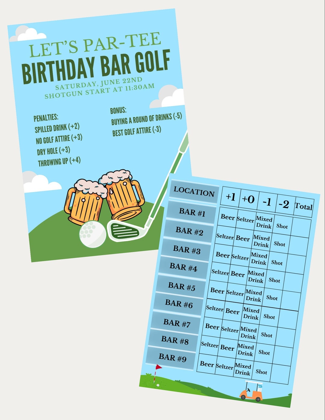 Custom Bar & Pub Golf Scorecard and Invitation Template | Easy to Edit ...